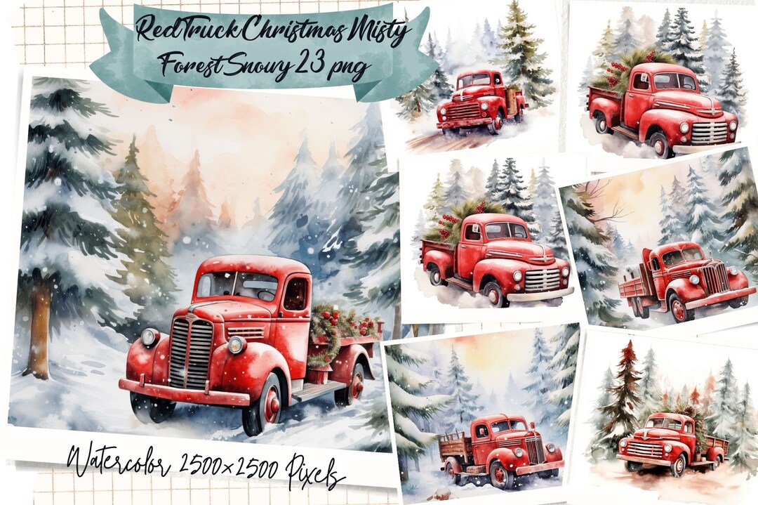 Christmas Truck Watercolor Clipart, Merry Christmas Tree Truck Clip Art ...