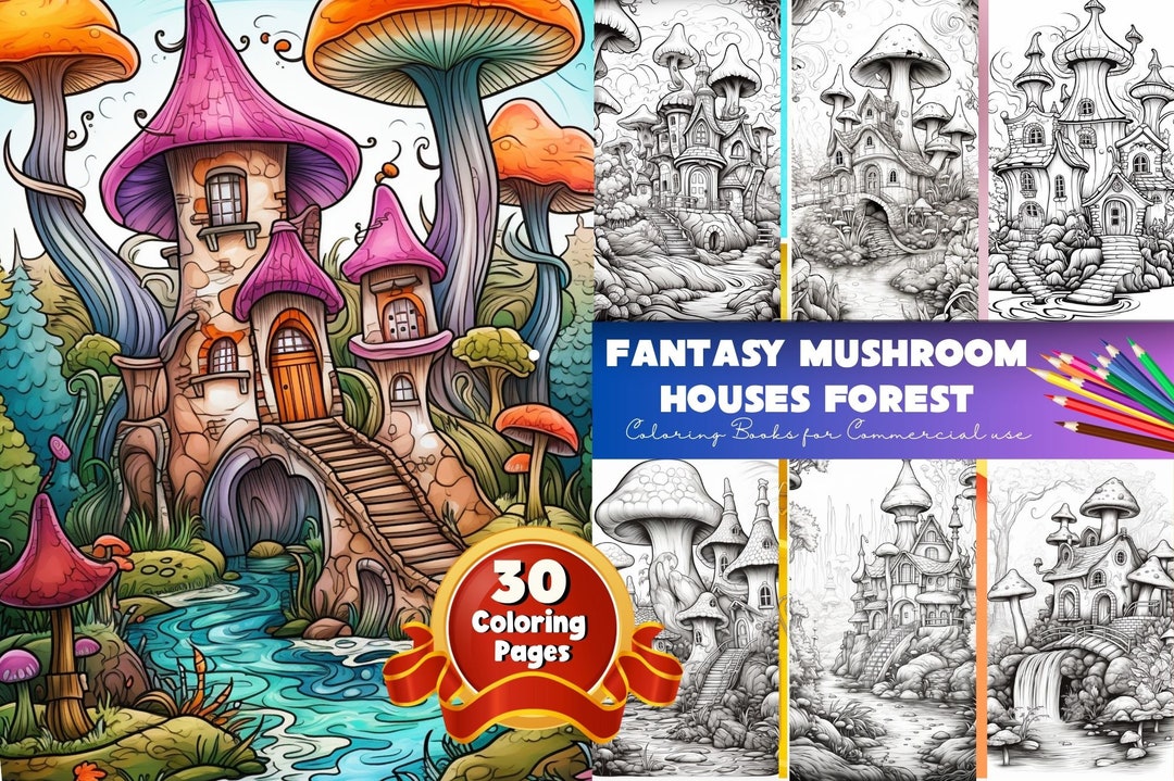 Fantasy Mushroom Houses Forest Coloring Page for Kids/adults, Fantasy ...