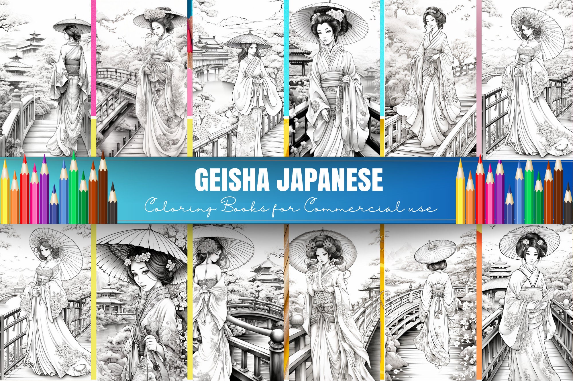 Japanese Geisha Digital Coloring Pages, Geisha Dress Coloring Book ...