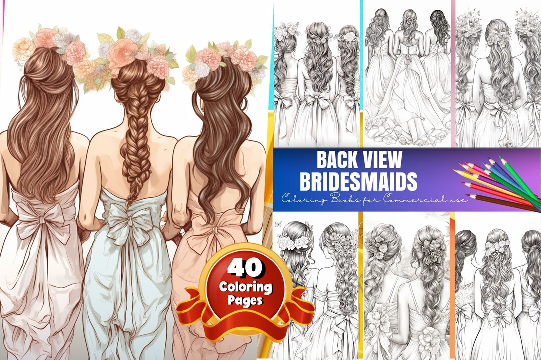 Back View Bridesmaids Coloring Page, Beautiful Wedding Bride Coloring ...