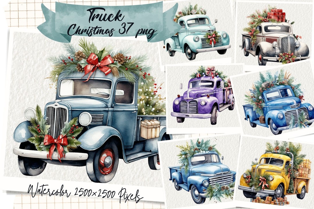 Watercolor Vintage Christmas Truck Clipart, Christmas Truck Clipart ...