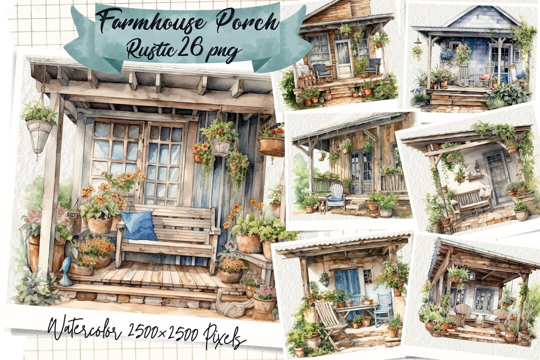 Farmhouse Porch Watercolor Clipart, Farmhouse Clipart, Cottagecore PNG ...
