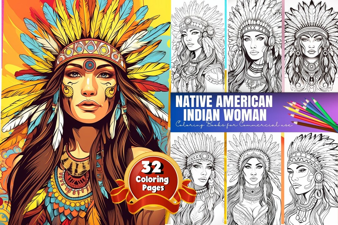 Native American Women Coloring Page, American Indian Woman, Grayscale ...