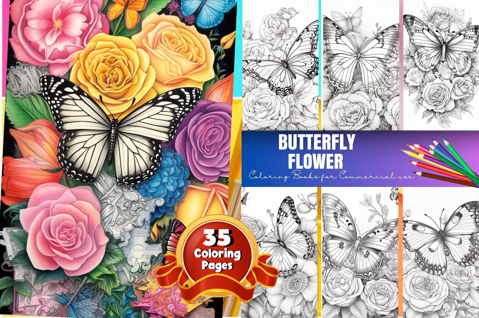 Butterfly Flower Coloring Pages Adults and Kids Coloring - Etsy