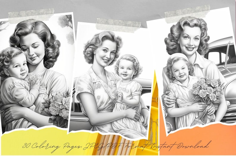 Vintage Mothers Day Coloring Pages, Baby and Mom Coloring, Printable ...