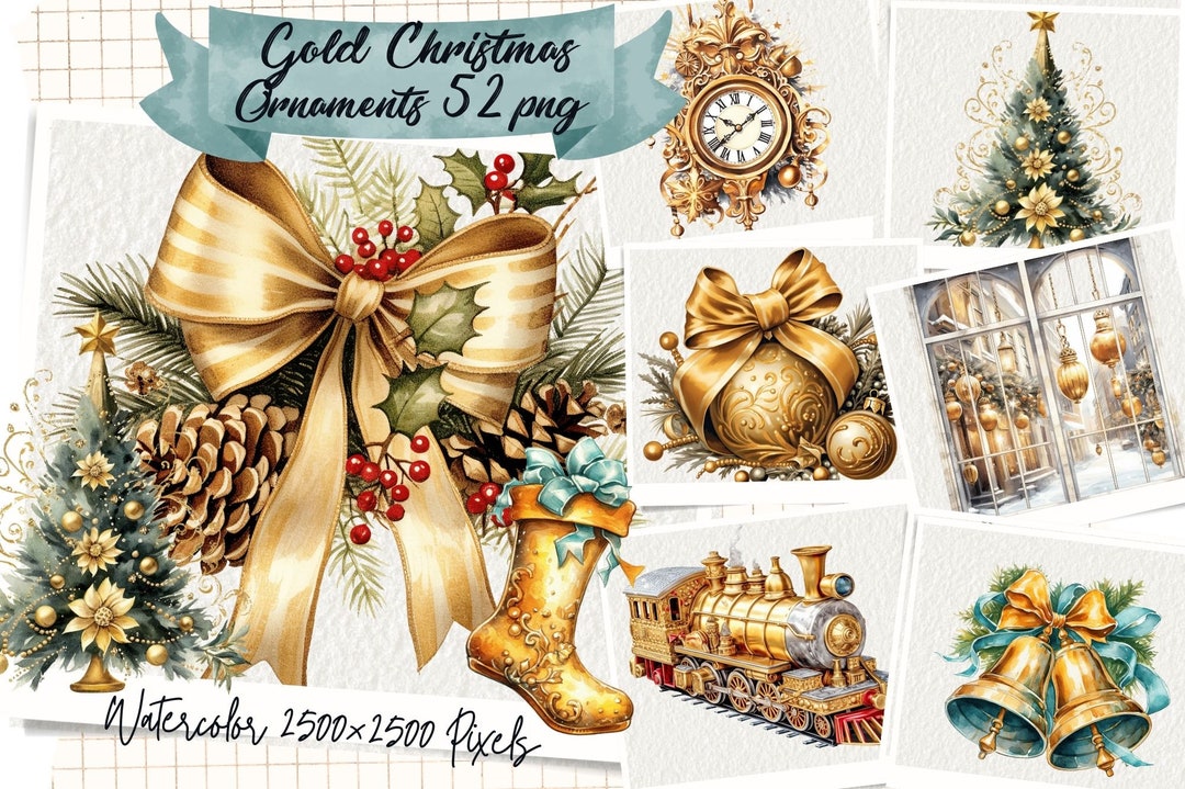 Gold Christmas Ornaments Clipart, Watercolor Christmas Ornament PNG ...