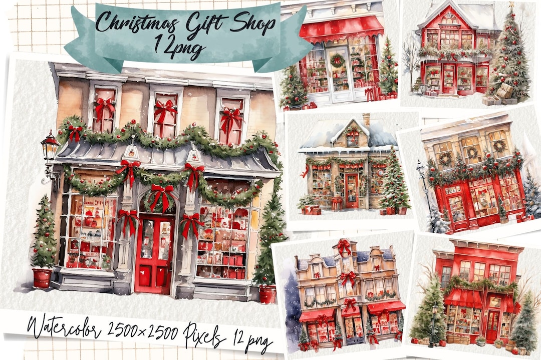 Christmas Gift Shop, Christmas Storefront Clipart, Watercolor ...