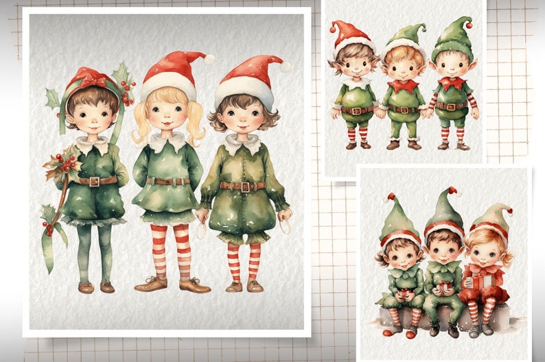 Vintage Christmas Elves 1920 Watercolor Clipart, Digital Download ...
