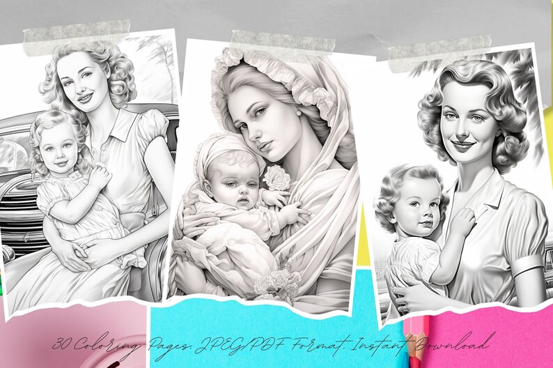 Vintage Mothers Day Coloring Pages, Baby and Mom Coloring, Printable ...