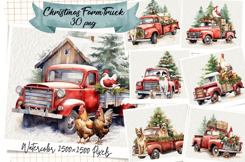 Christmas on the Farm Clipart, Christmas Truck PNG, Watercolor Clipart ...