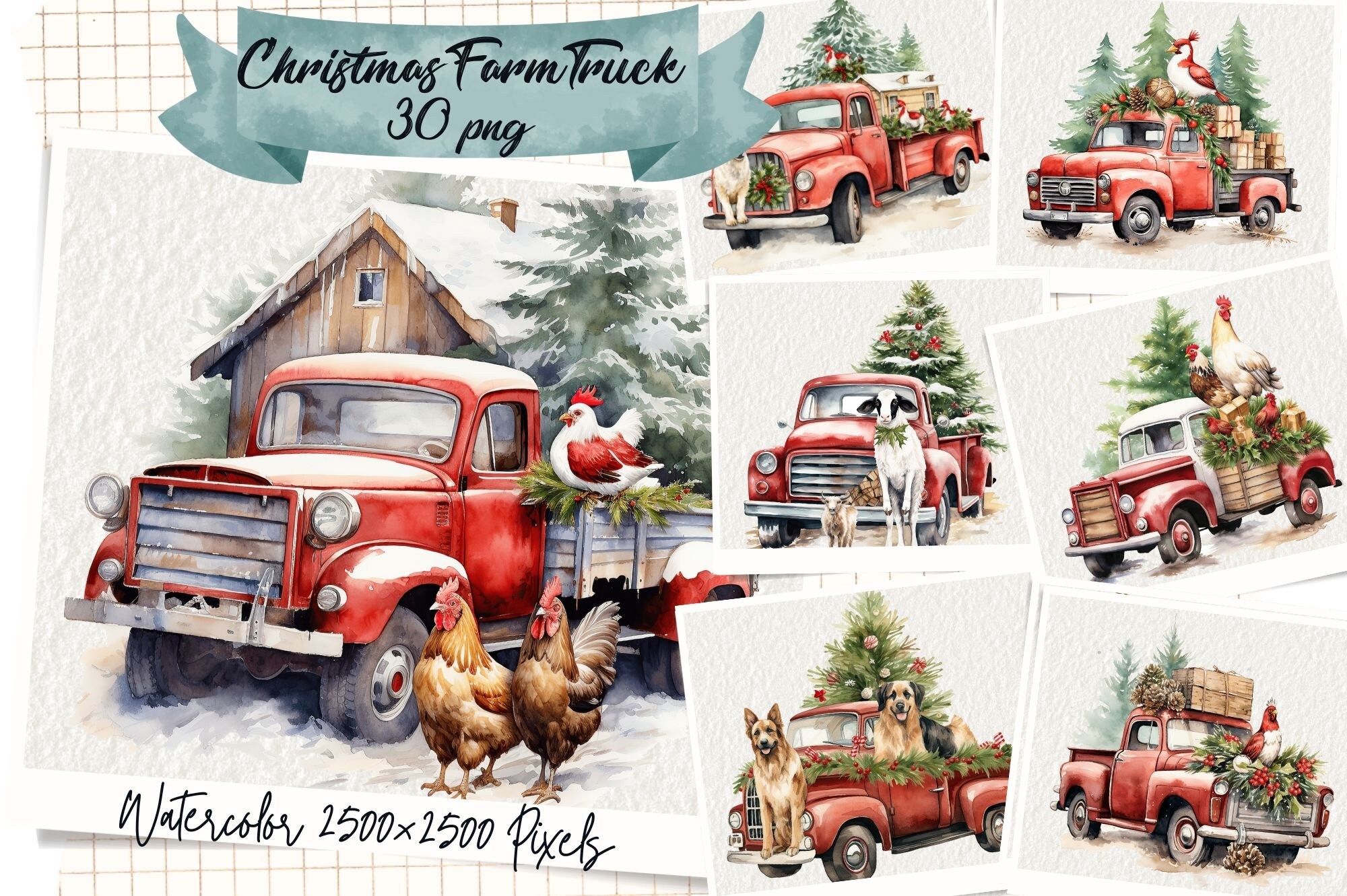 Christmas on the Farm Clipart, Christmas Truck PNG, Watercolor Clipart ...
