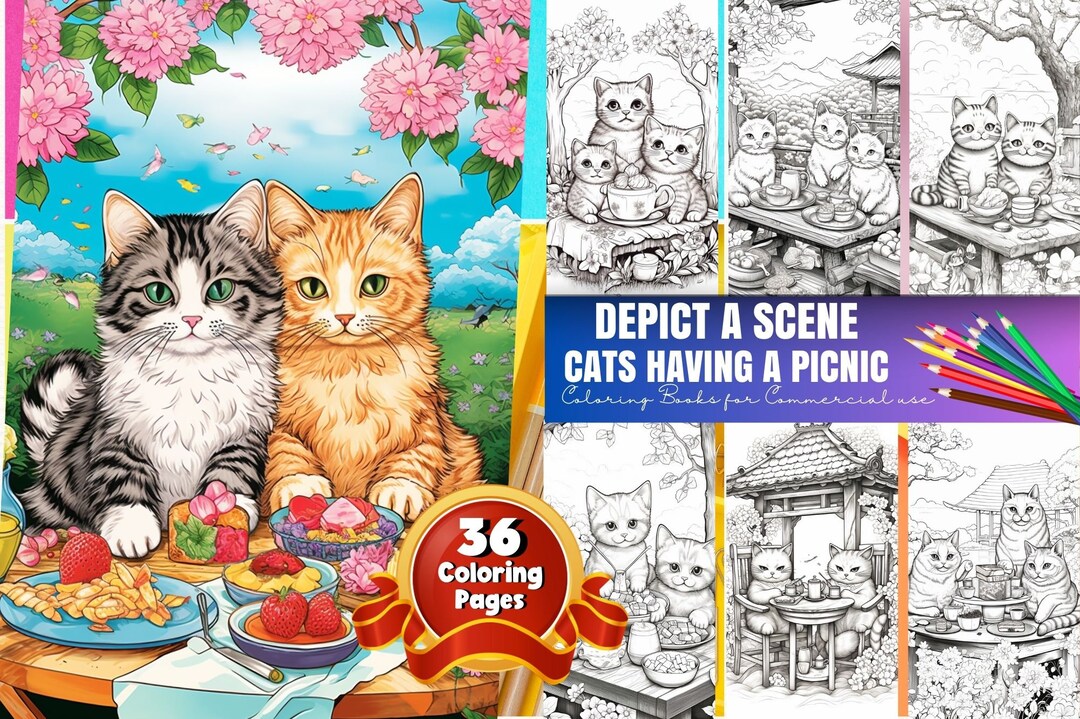 Depict a Scene Cats Having Picnic Coloring Pages, Cats Coloring, Cats ...