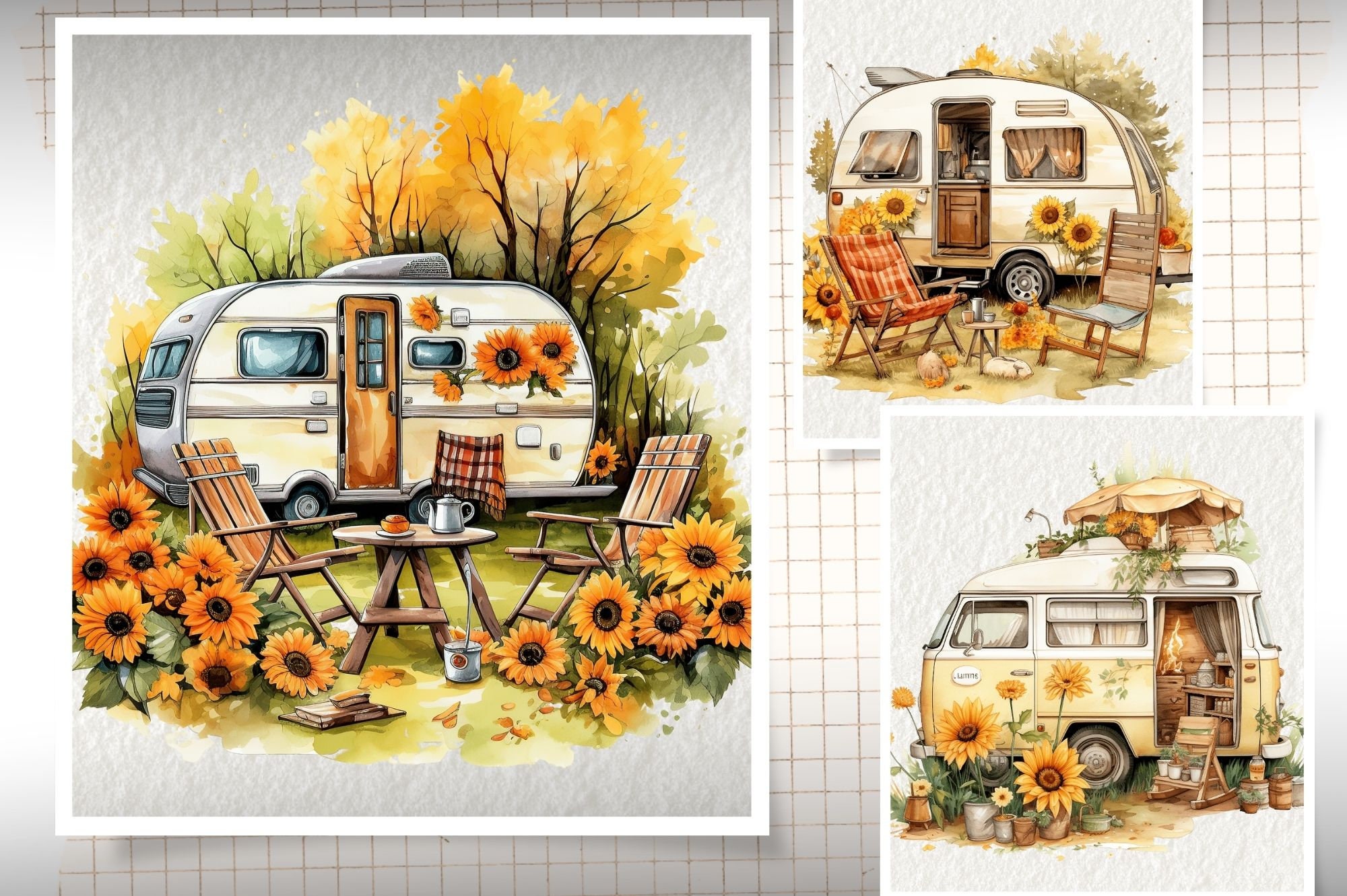 Camper Sunflower Clipart, Retro Sunflowers Camping Trailer, Camper Fall ...