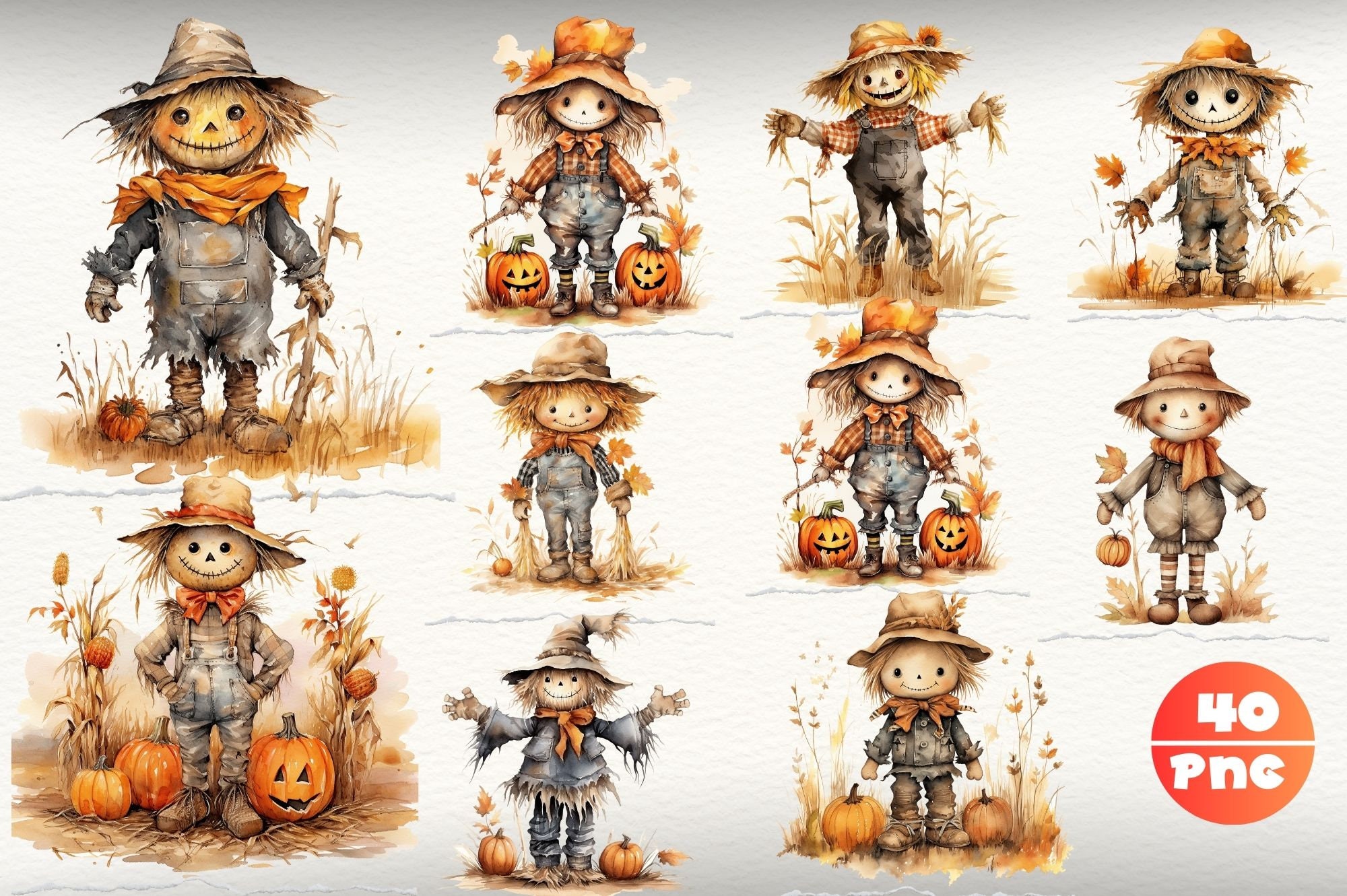 Scarecrow Clipart, Watercolor Scarecrow Clipart Bundle, Halloween ...