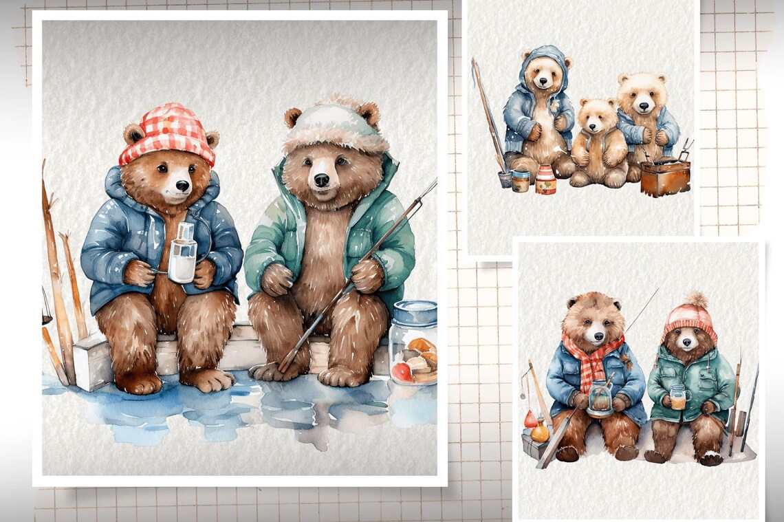 Ice Fishing Bears Watercolor Clipart Fishing Bear Clipart - Etsy