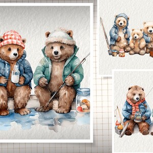 Ice Fishing Bears Watercolor Clipart, Fishing Bear Clipart, Digital ...