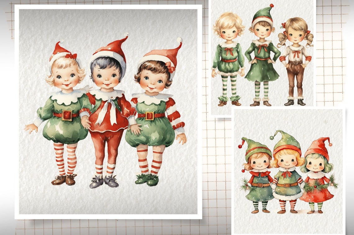 Vintage Christmas Elves 1920 Watercolor Clipart, Digital Download ...