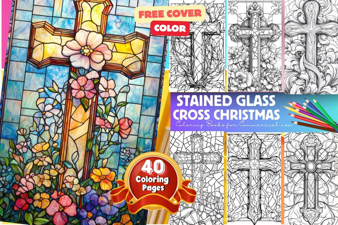 Stained Glass Cross Christmas Coloring Page, Religious Holiday Coloring ...