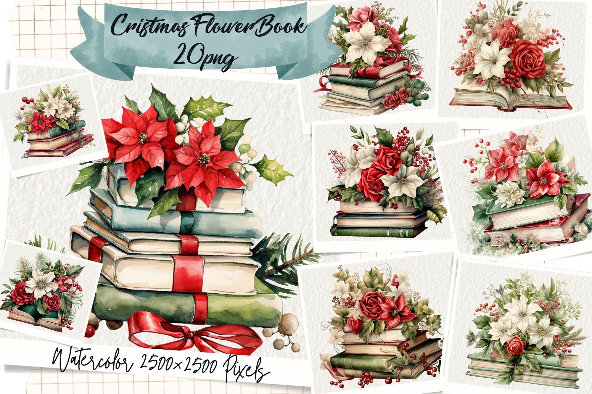 Watercolor Christmas Books Clipart Xmas Clip Art Stack Of Books