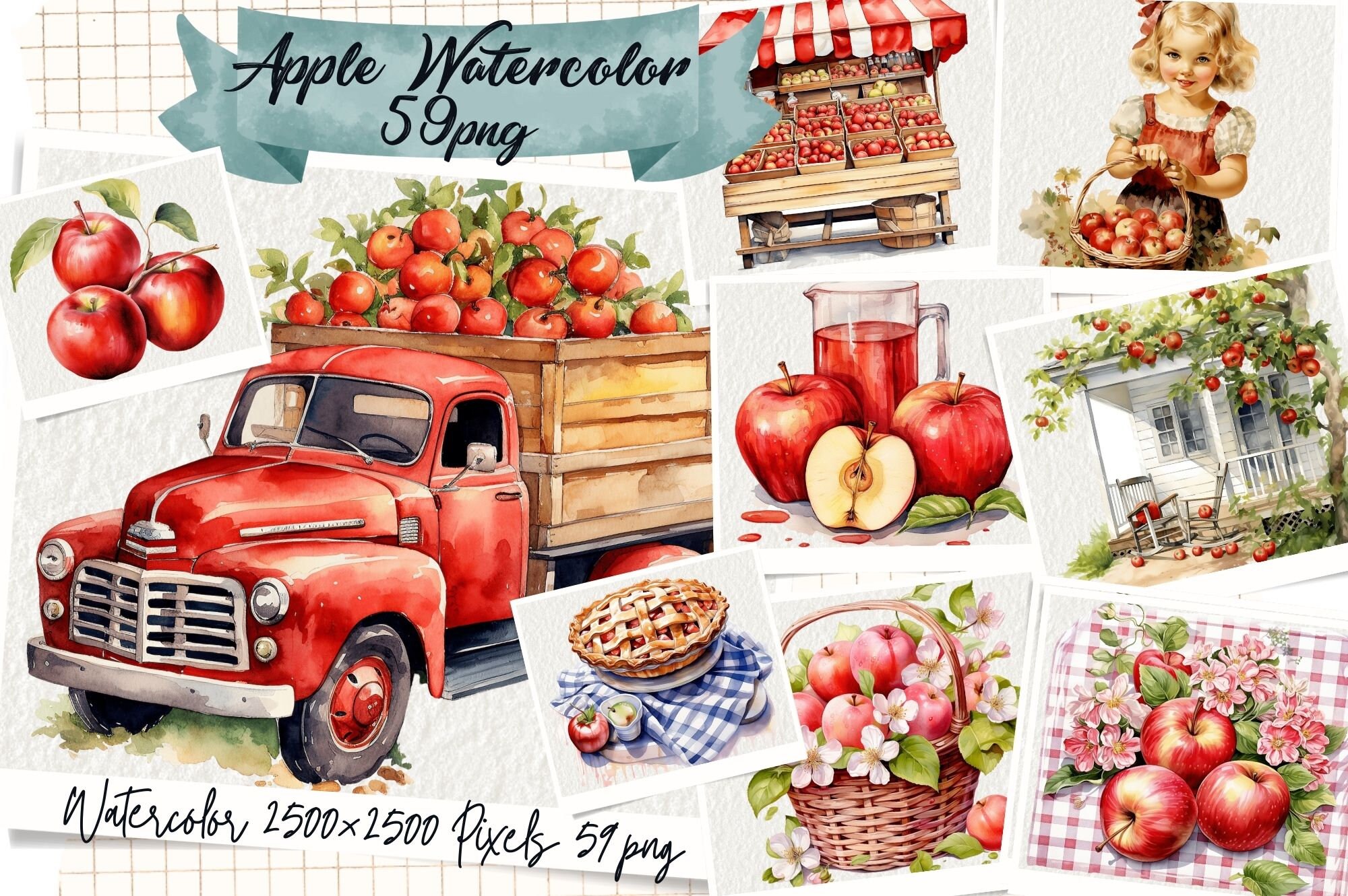 Apple Clipart Bundle 59 PNG Red Watercolor Apple Clipart - Etsy