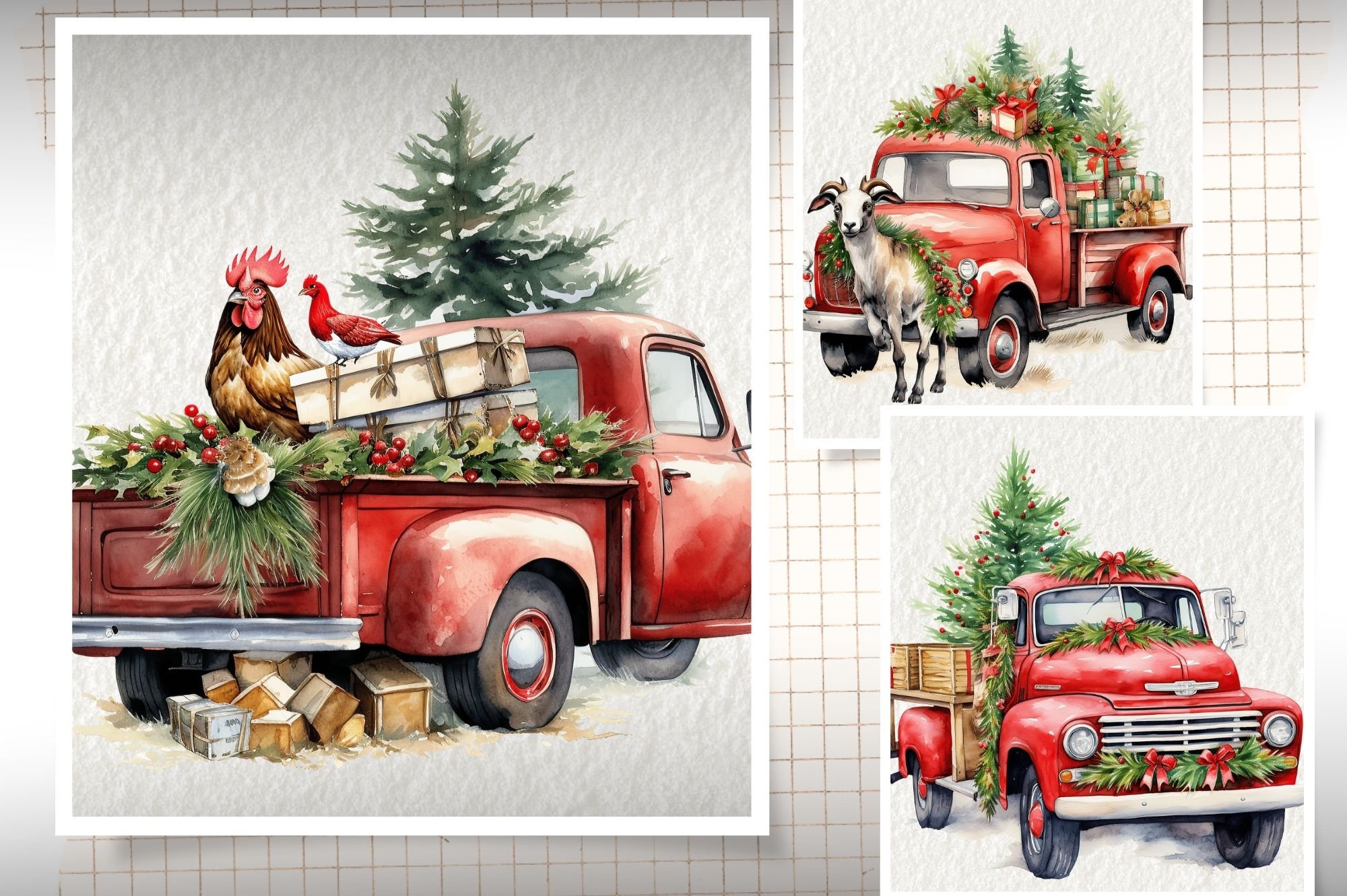 Christmas on the Farm Clipart, Christmas Truck PNG, Watercolor Clipart ...