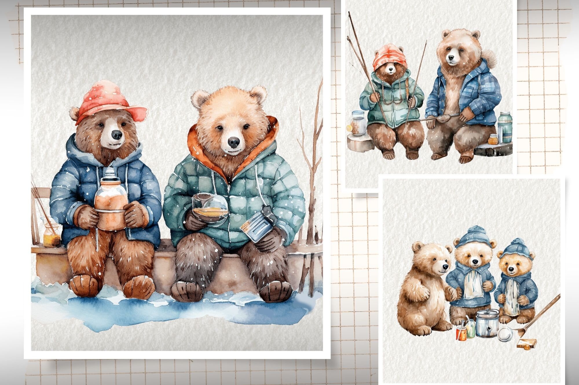 Ice Fishing Bears Watercolor Clipart Fishing Bear Clipart - Etsy