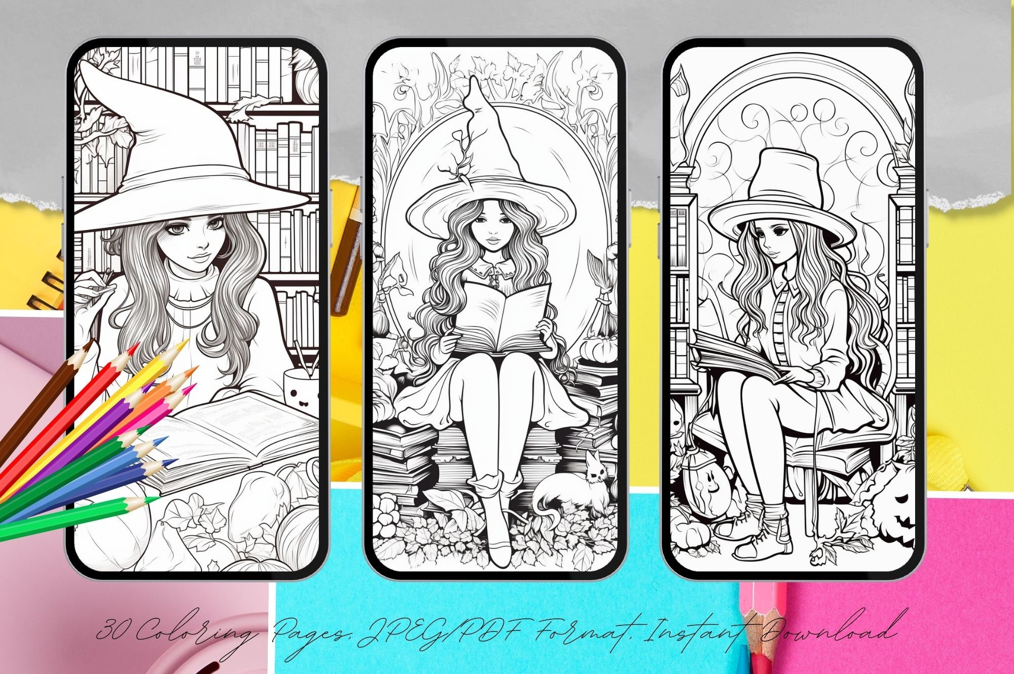 Witch Magical Libraries Fantasy Coloring Pages for Adults - Etsy