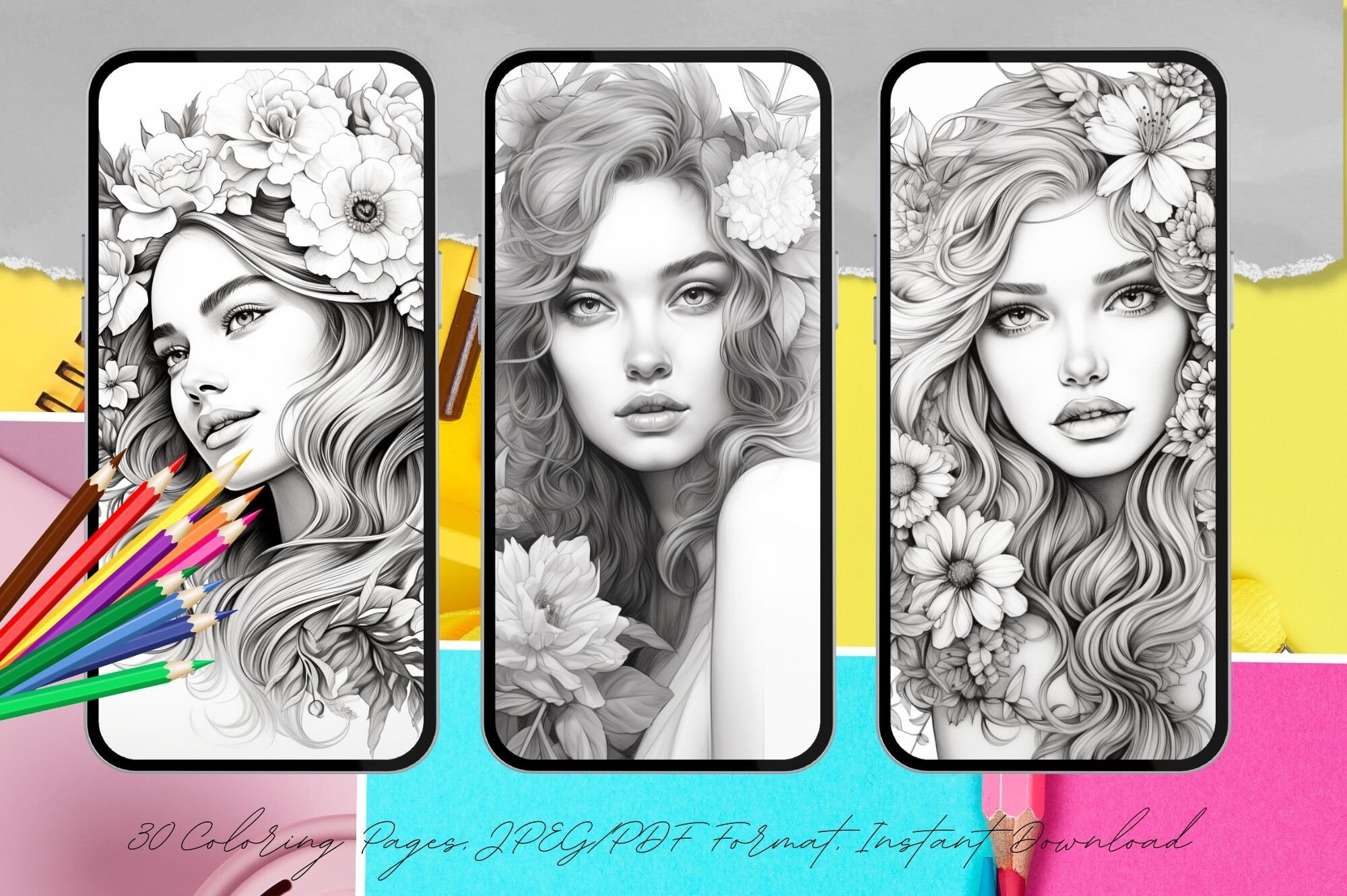 Beautiful Young Woman Coloring Page for Adults, Flower Women, Beautiful ...