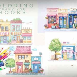 Kawaii Town Storefronts Coloring Pages, Cute for Adults, Printable ...