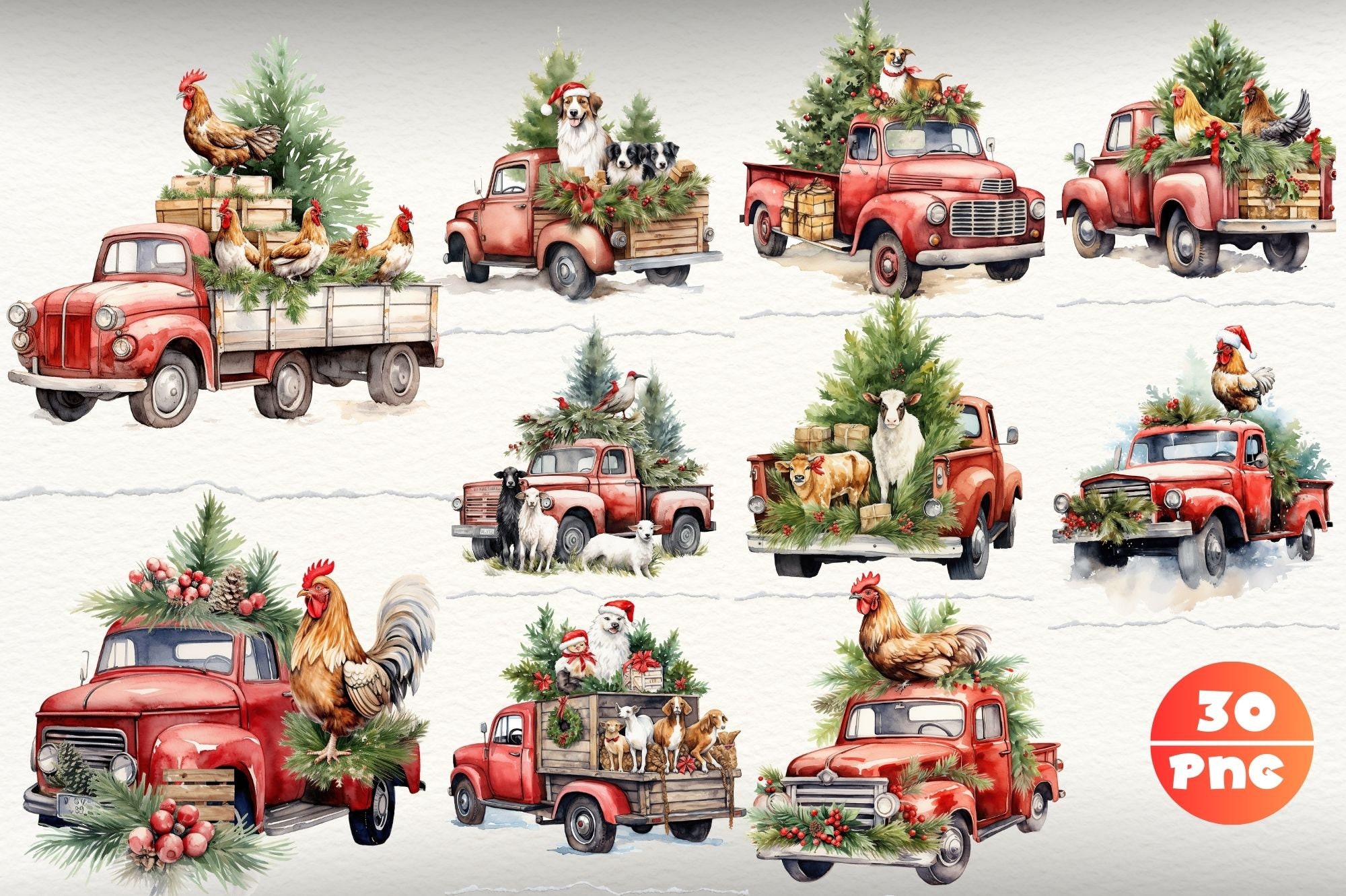 Christmas on the Farm Clipart, Christmas Truck PNG, Watercolor Clipart ...
