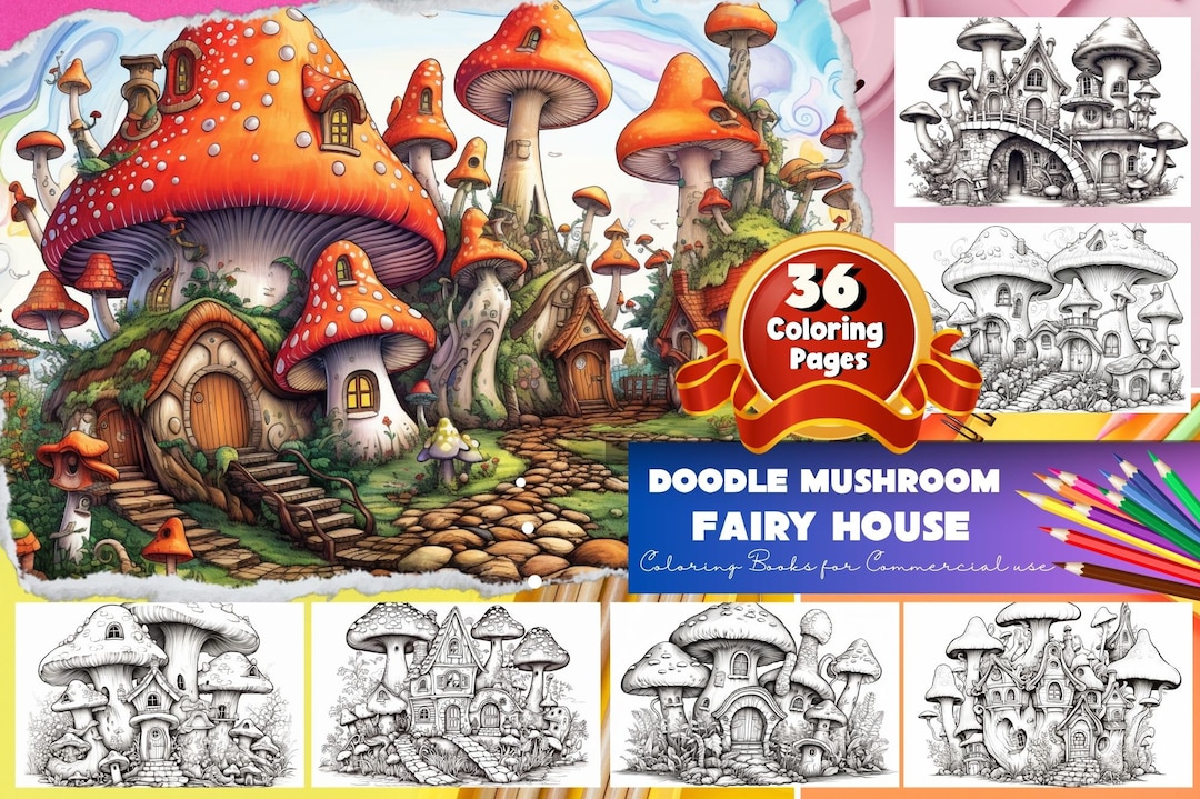 Doodle Mushroom Fairy House Coloring, Mushroom Cottage Stamps ...