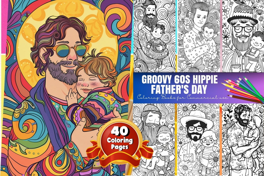 Father's Day Groovy 60s Hippie Flower Girl Coloring Pages Bright Yellow ...