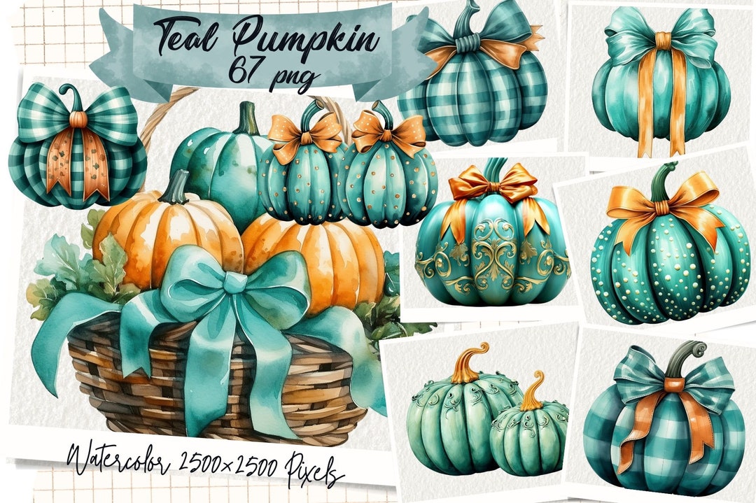Teal Pumpkins Halloween Watercolor Clipart, Sublimation Bundle ...