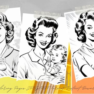Vintage Mothers Day Coloring Pages, Baby and Mom Coloring, Printable ...