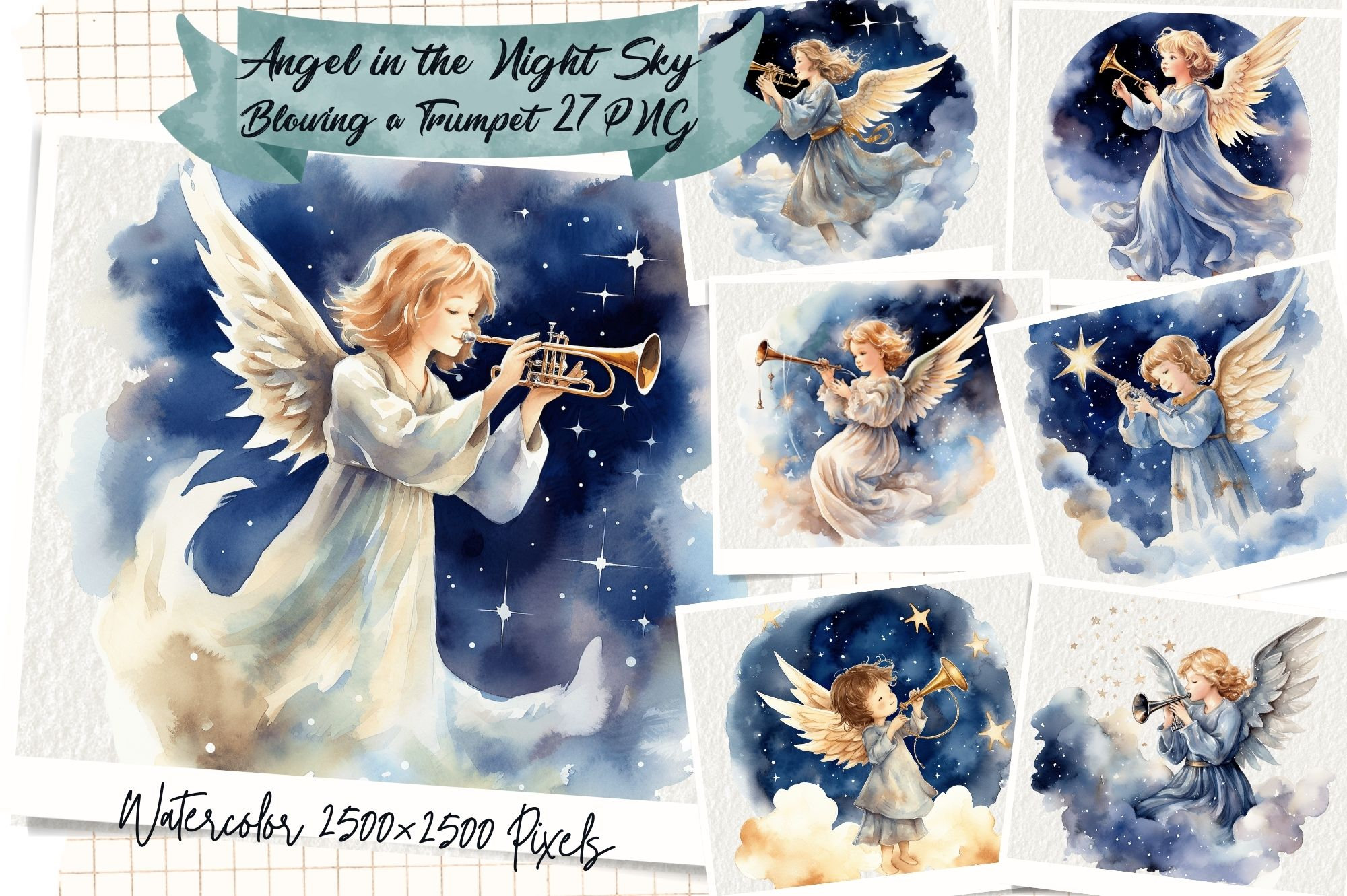 Angel in the Night Sky Blowing Trumpet Watercolor Clipart, Angelic Art ...