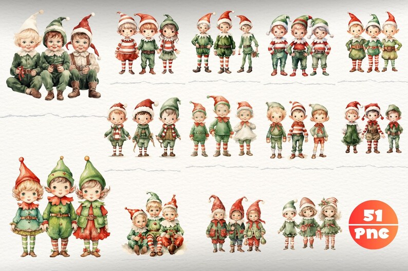 Vintage Christmas Elves 1920 Watercolor Clipart, Digital Download ...
