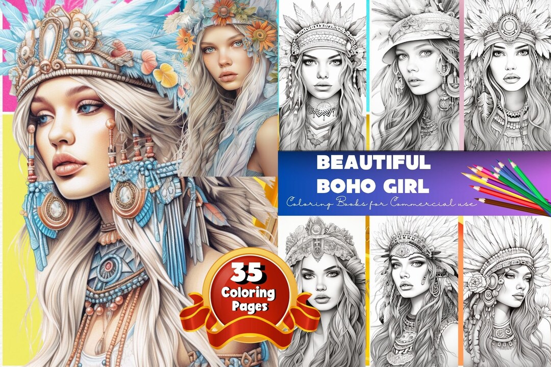 Boho Girl Coloring, Beautiful Girl Coloring Page, Hippy Girl Coloring ...