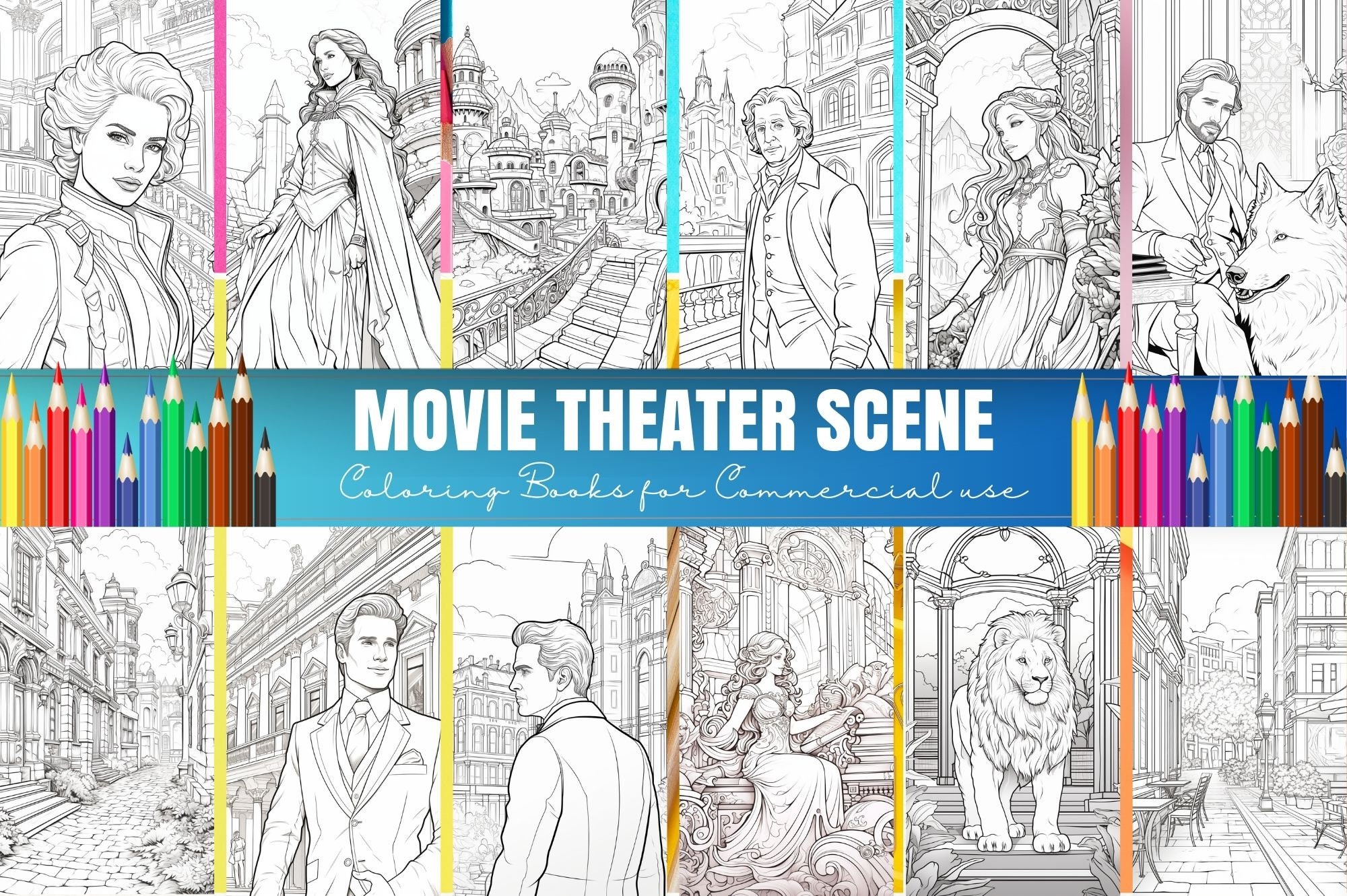 Scene Movie Coloring Page, Coloring Page for Adults, Village Theme ...