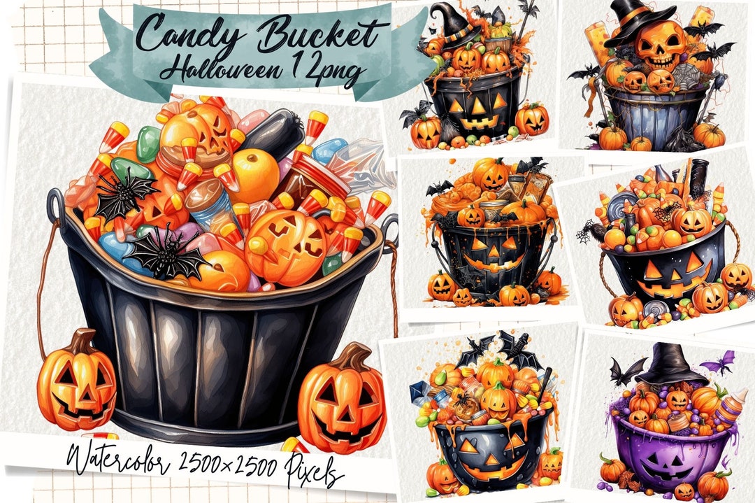 Candy Bucket Halloween Watercolor Clipart, Trick or Treat Candy Bucket ...