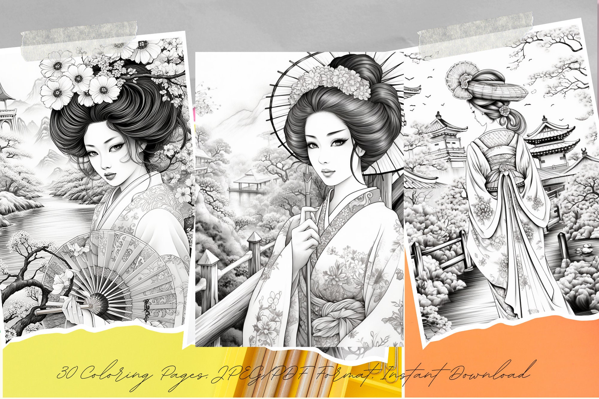 Japanese Geisha Digital Coloring Pages, Geisha Dress Coloring Book ...