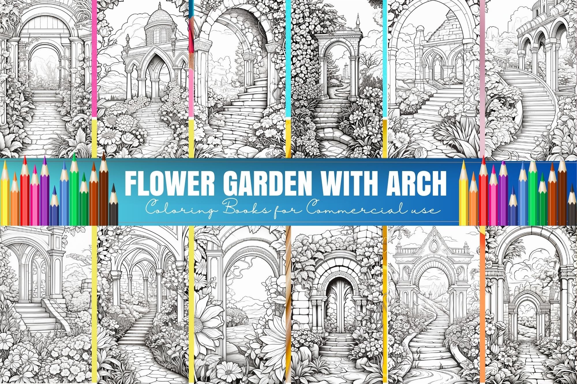 Flowers Garden With Arch Coloring Book, Adults Kids Instant Download ...