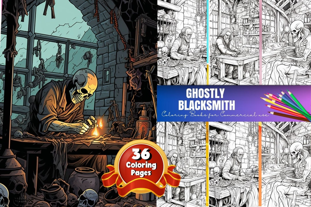 Ghostly Blacksmith Coloring Pages, Scary Creepy Horror Coloring Bright and Dark Versions ...