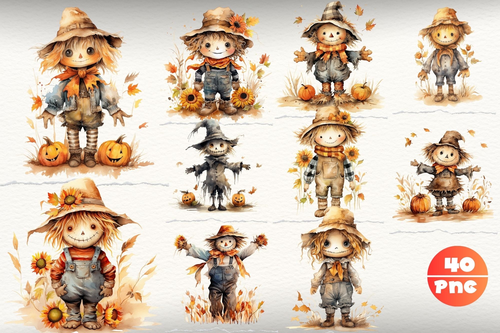 Scarecrow Clipart, Watercolor Scarecrow Clipart Bundle, Halloween ...