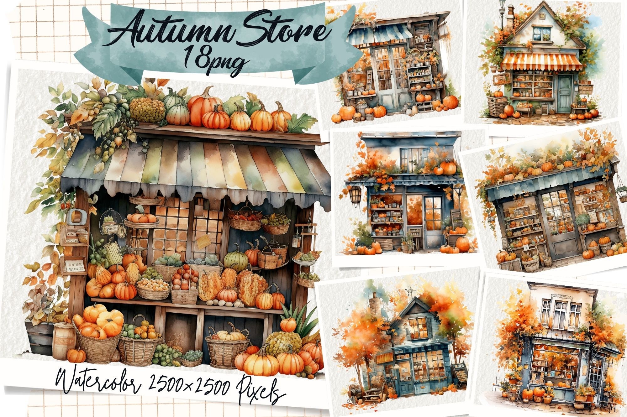 Autumn Store Watercolor Clipart Autumn Season Commercial - Etsy