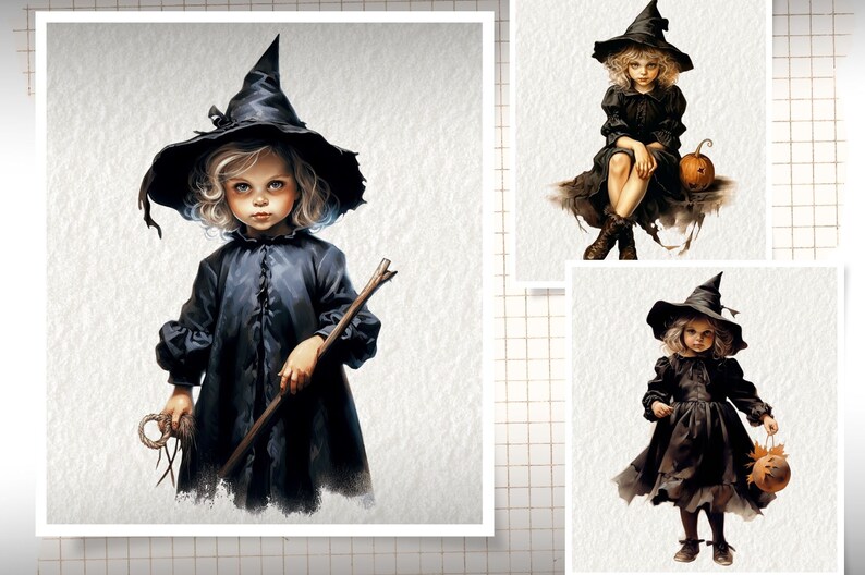 Vintage Little Witch Clipart Bundle Black Cat Little Girl - Etsy