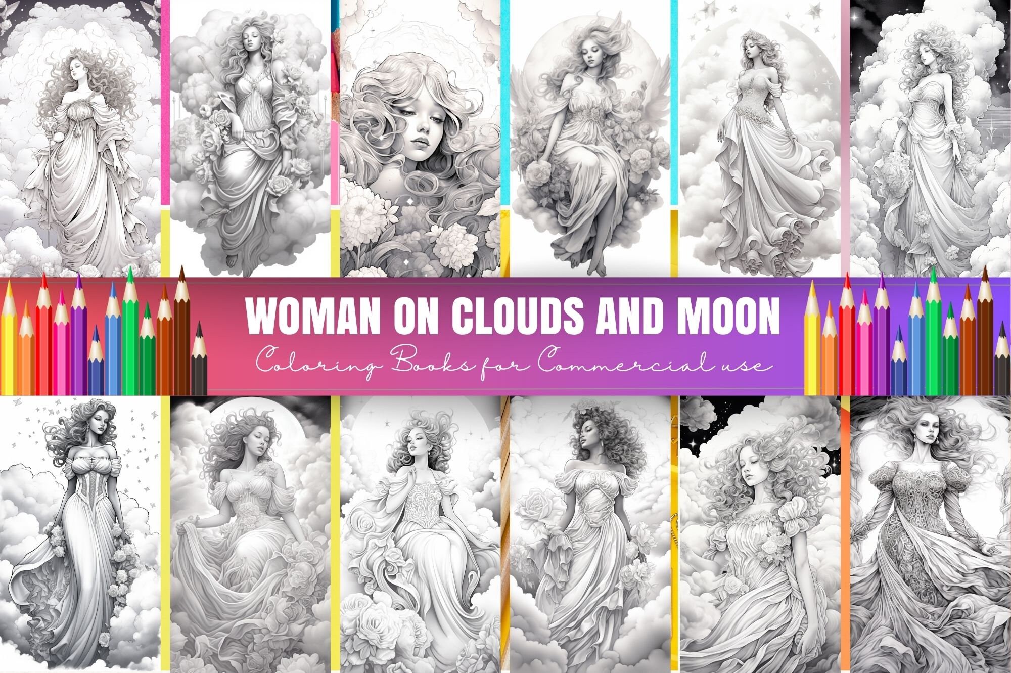 Woman Clouds and Moon Fantasy Coloring Page, Adults Instant Download ...