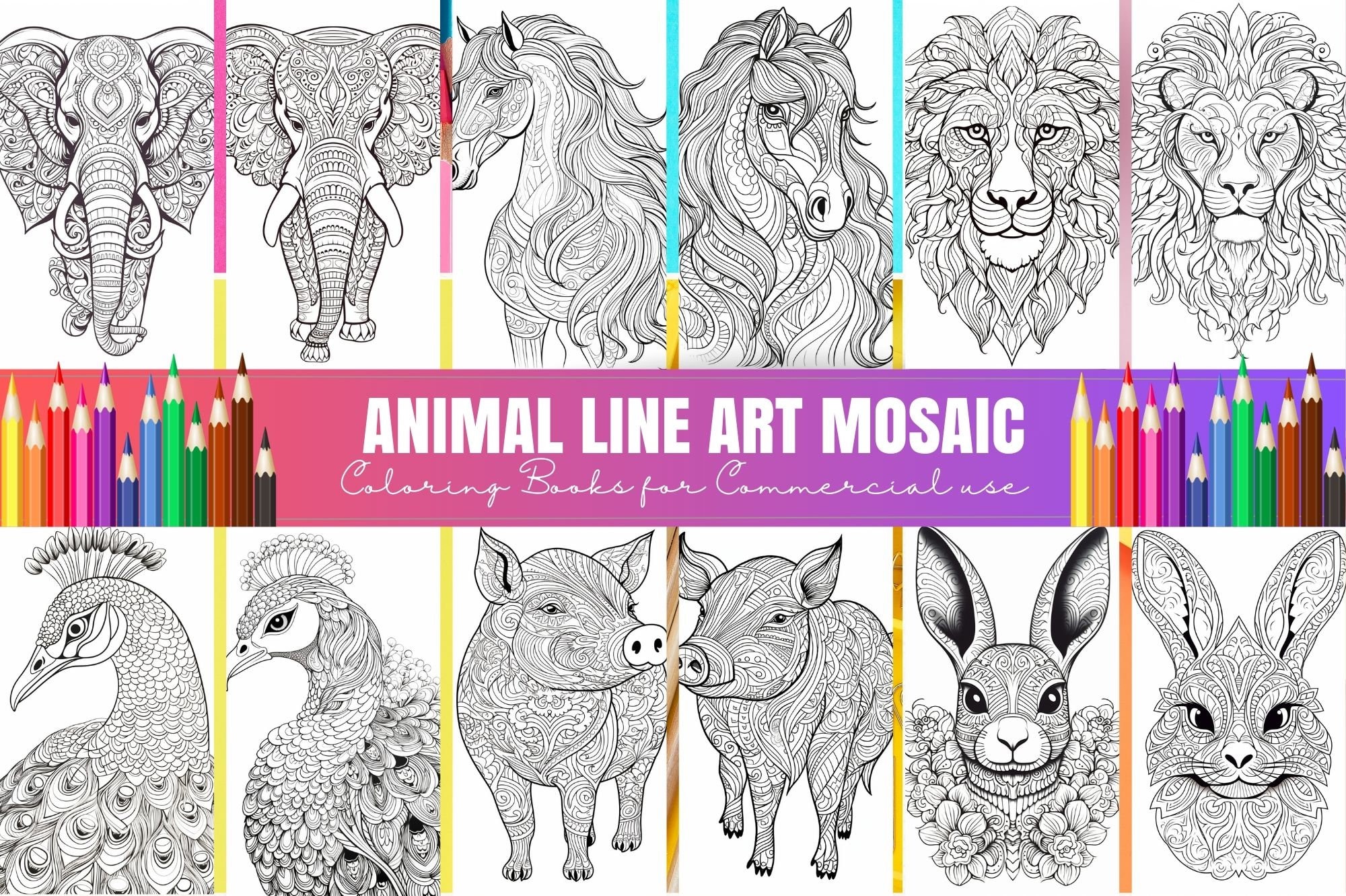 Animal Line Art Mosaic Coloring Pages Mosaic Coloring Pages - Etsy
