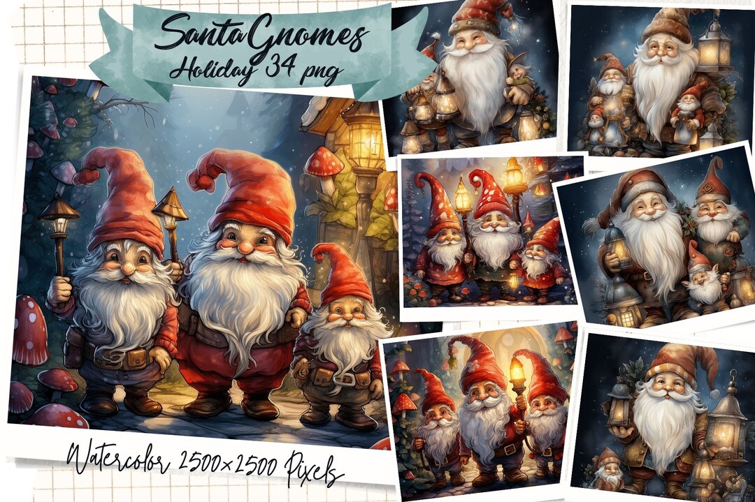 Santa Gnomes Holiday Watercolor Clipart, Seasonal Christmas Gnomes ...
