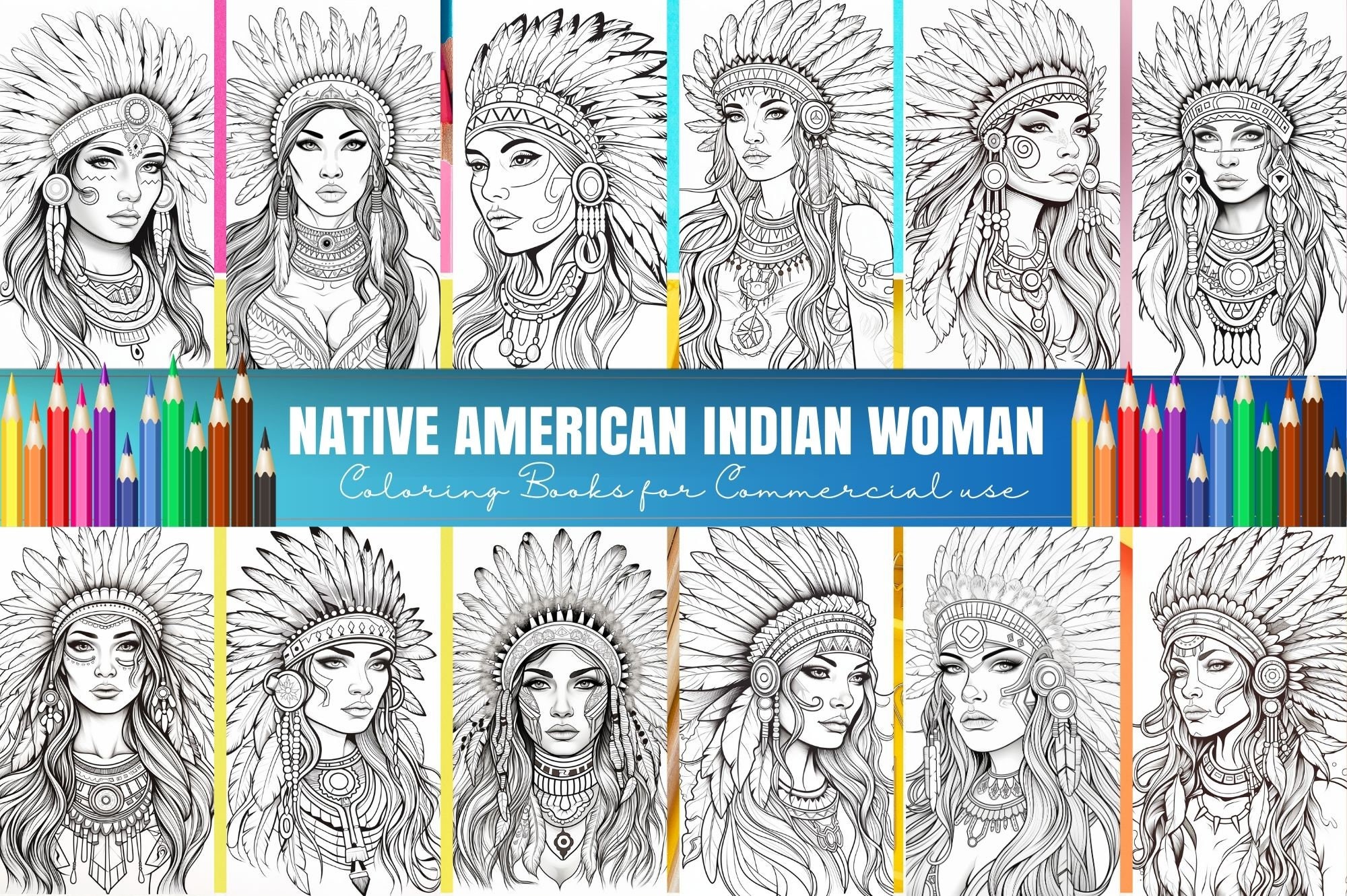 Native American Women Coloring Page, American Indian Woman, Grayscale ...