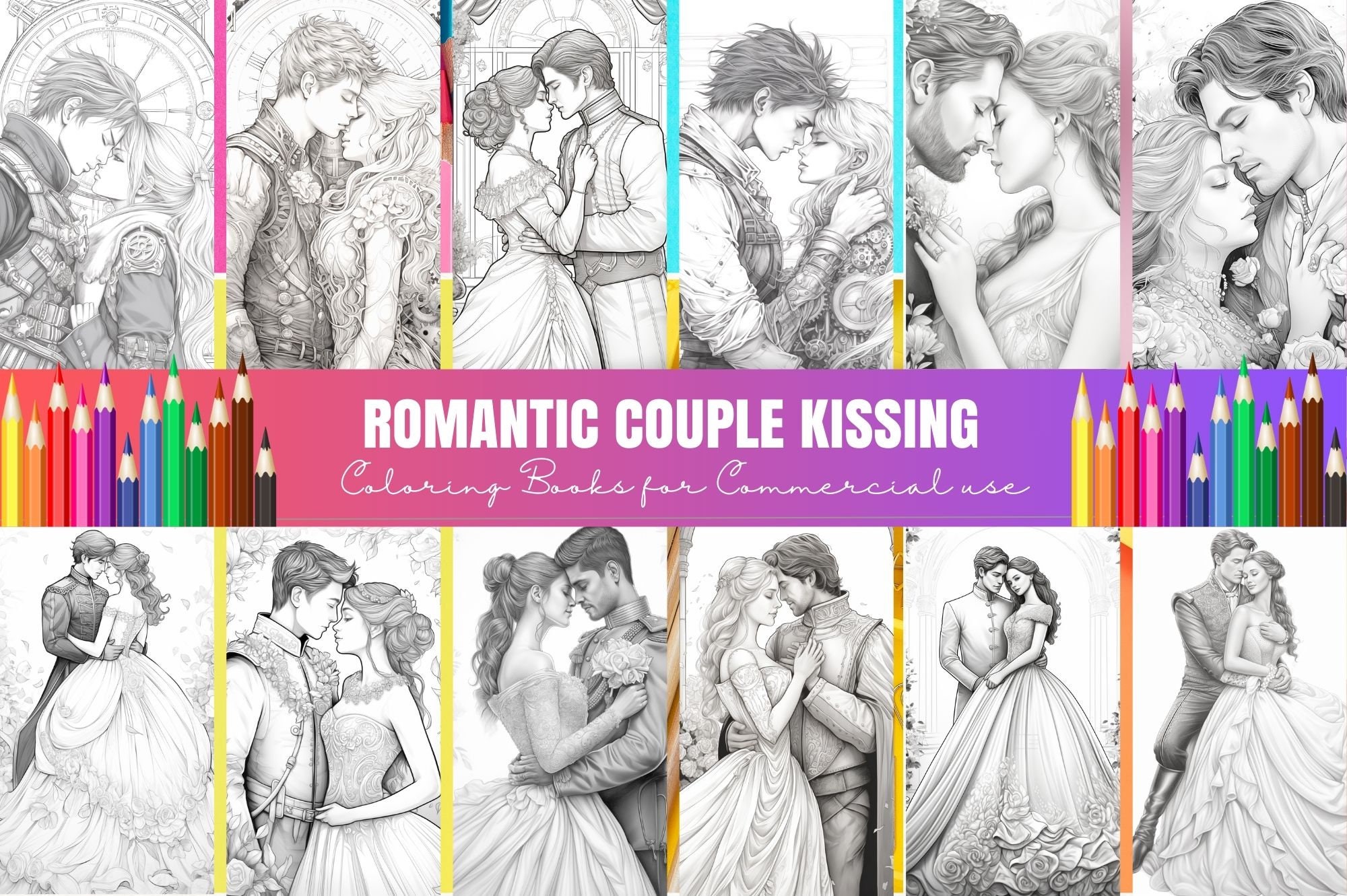 Romantic Couple Coloring Pages for Adults, Woman, Man, Love, Grayscale ...